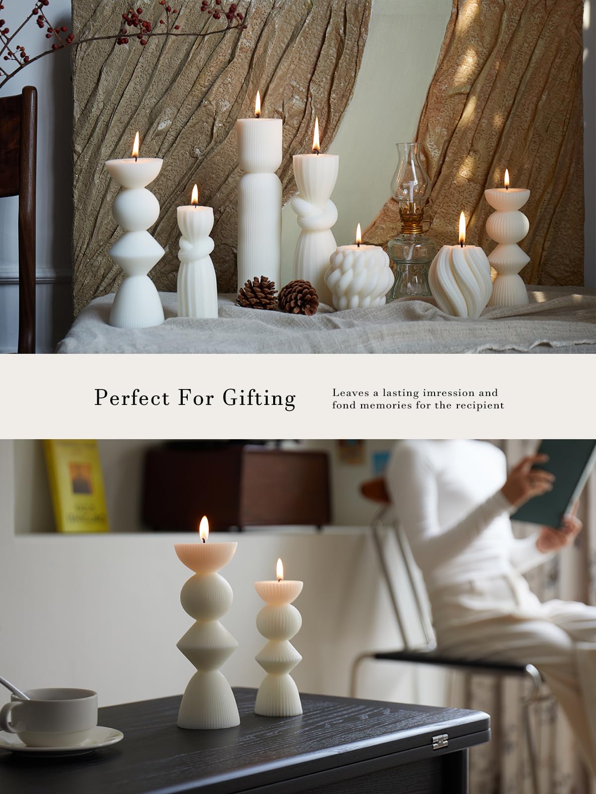 7 Pcs Large Modern Ribbed Candles Beautiful Handmade Pillar Housewarming Gift Home Room Shelf Decor Idea Spiral Soy Wax Candle White