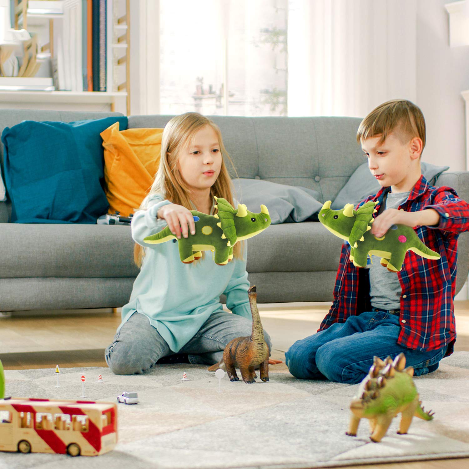 Dinosaur Plush Toy, 16" Stuffed Animal Triceratops Throw Plushie Pillow Doll, Soft Green Fluffy Friend Hugging Cushion - Present for Every Age & Occasion