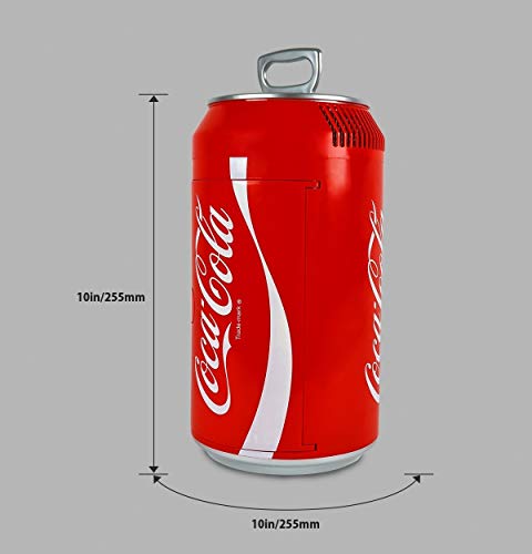 Coca-Cola 8 Can Portable Mini Fridge w/ 12V DC and 110V AC Cords, 5.4L (5.7 qt) Can Shaped Personal Cooler, Red, Travel Fridge for Drinks, Snacks, Lunch, Home, Office, Dorm Room, RV