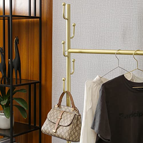 FJANKUI Clothing Garment Rack with Lockable Wheels, 3-in-1 Rolling Clothes Rack for Hanging Clothes, 5 Side Hooks and Bottom Shelves Organizing Clothes,Shoes,bags,hats(31.5in gold)