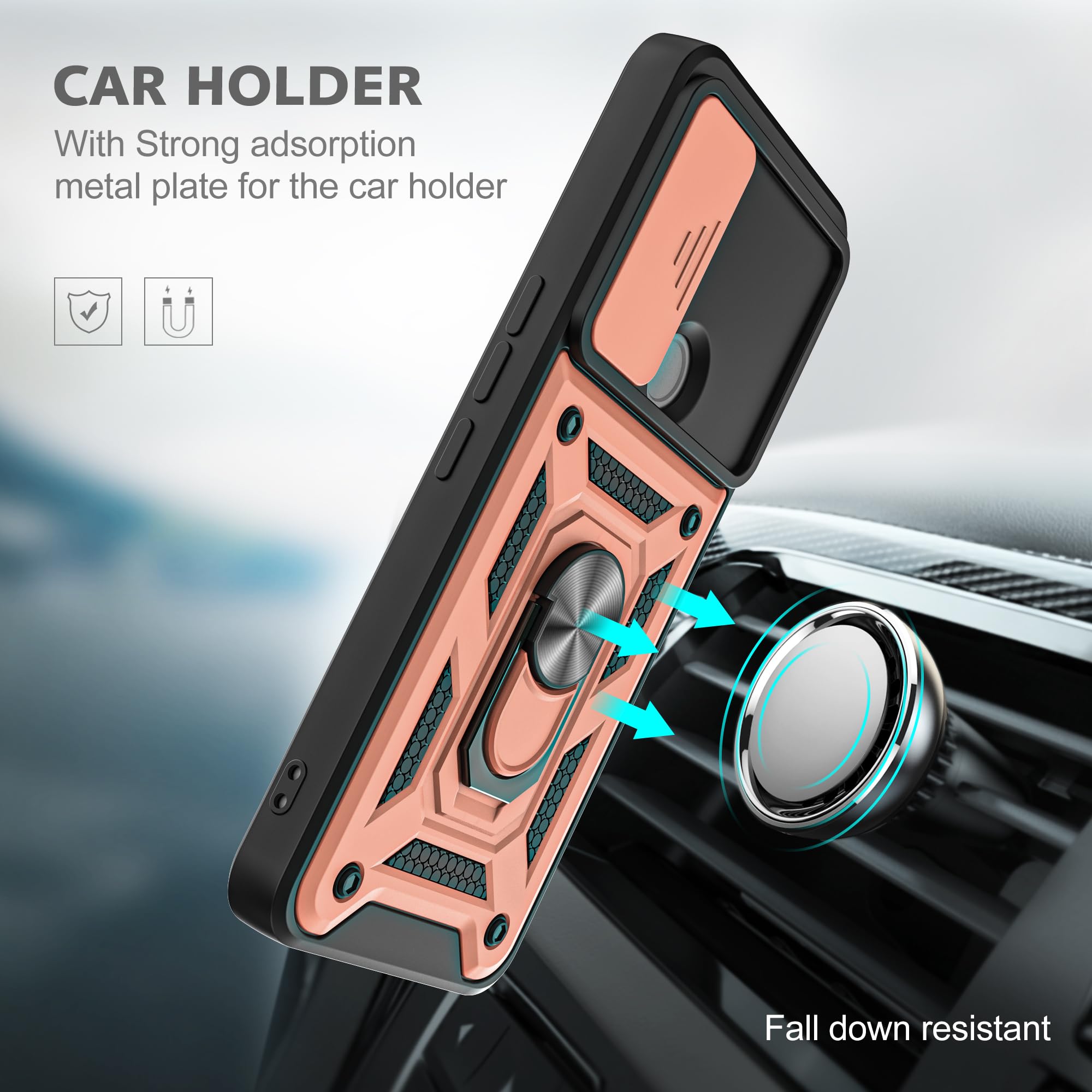 AKINIK for TCL 30 XE 5G Phone Case(Not Fit TCL 30 XL), with Slide Camera Cover and 2pcs HD Screen Protector, 360° Rotation Ring Kickstand [Military Grade] Case (Rose Gold)