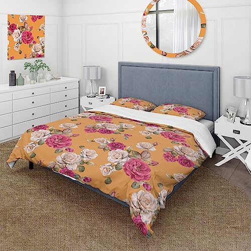 DESIGN ART Designart 'White and Red Roses On Mustard Background' Traditional Duvet Cover Set Full - Queen