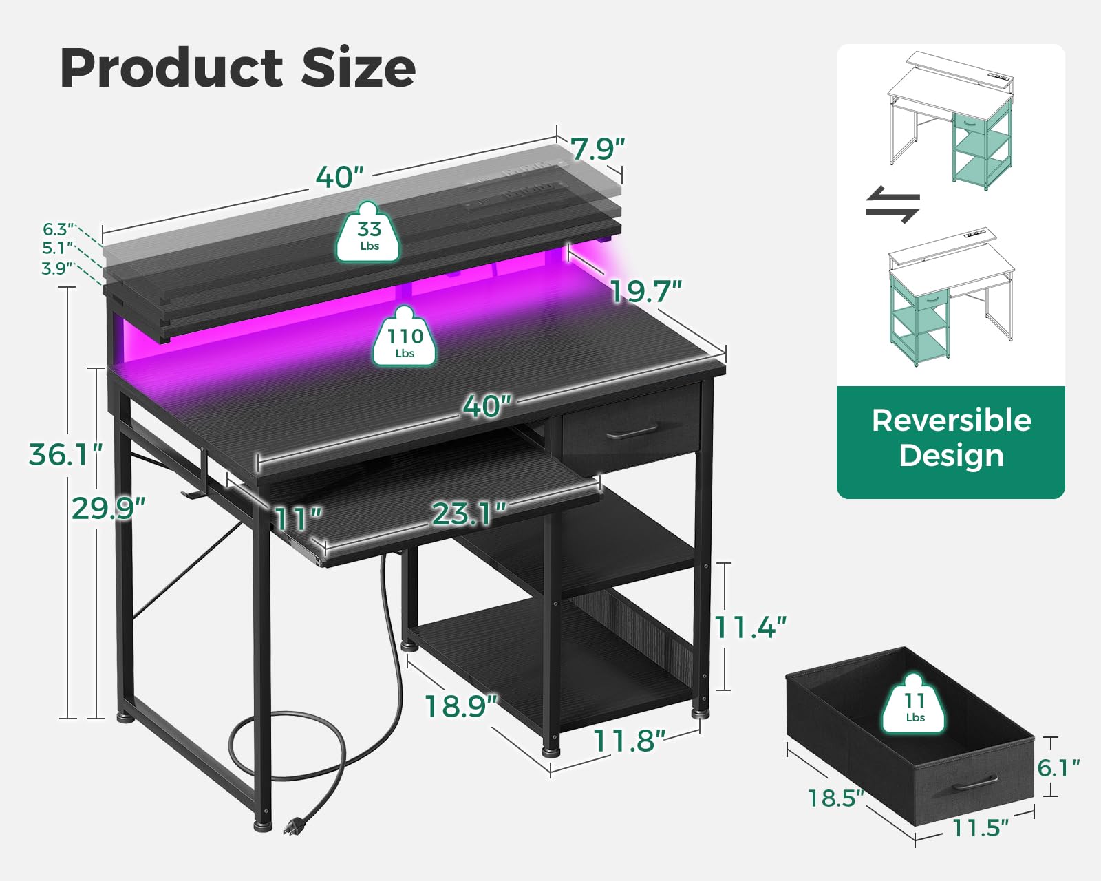 AODK Gaming Desk with LED Lights & Power Outlet, 40 Inch Small Computer Desk with Keyboard Tray, Office Desk with Drawer, Reversible Desk with Adjustable Monitor Shelf and Storage Shelf, Black