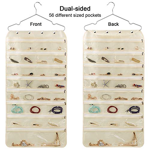SPIKG 56 Pockets Dual Sided Jewelry Hanging Organizer Oxford Storage Bag with Zipper Hanger (Beige)