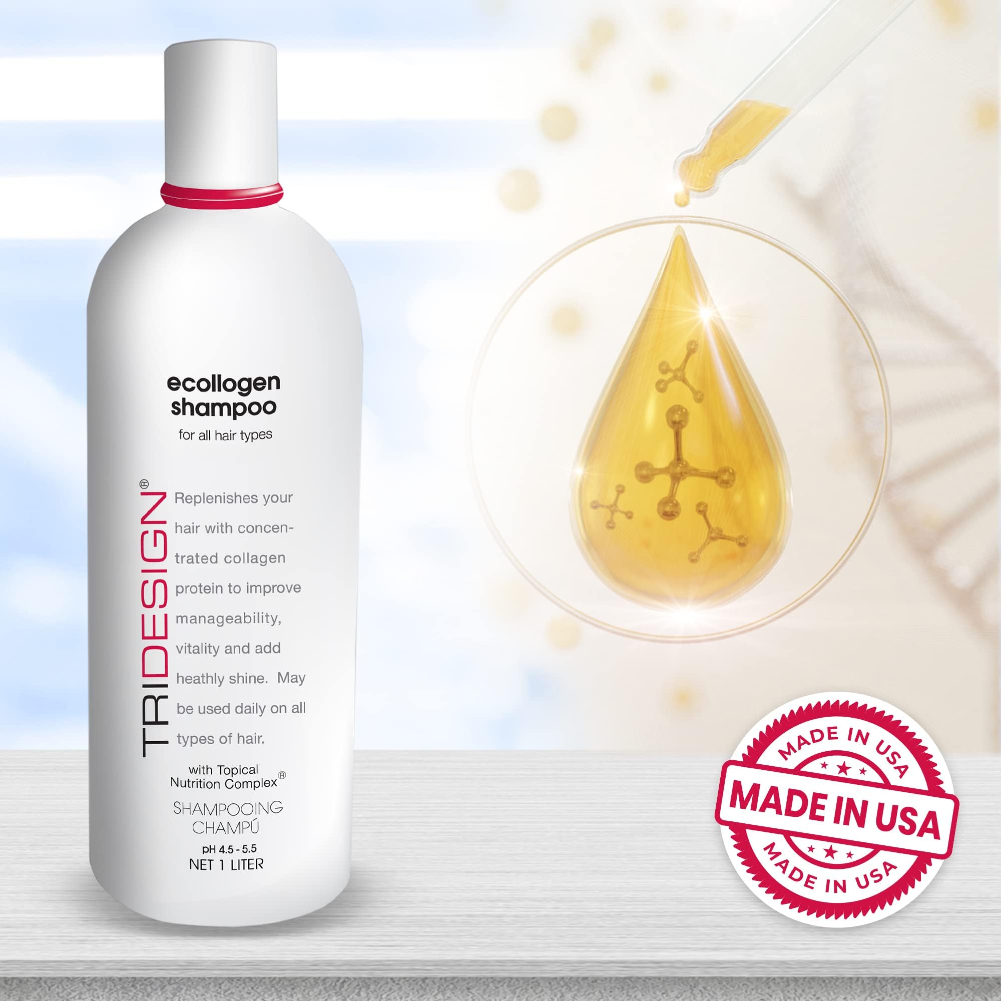 TRI Design Ecollogen Shampoo - Hair Shampoo For Natural Hair - Moisturizing Shampoo, Hydrating Shampoo- Gentle Hair Products, Thickening Shampoo, Volumizing Shampoo - Liter (33.8 oz.)