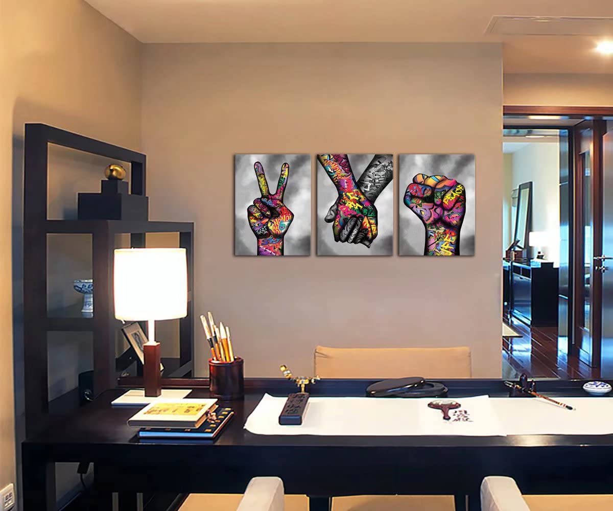 Abstract Graffiti Wall Art Street Pop Art Prints Wall Decor Gesture Graffiti Artwork Framed for Living Room Bedroom Gift for Graffiti Lovers Ready to Hang(12''W x 16''H x 3Pcs)