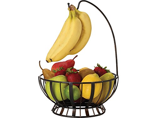 Gourmet Basics by Mikasa Band and Stripe Metal Fruit Basket with Banana Hook, Antique Black
