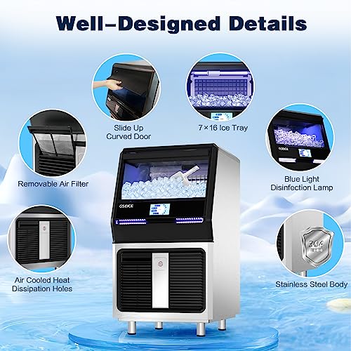 GSEICE Commercial Ice Maker Machine,280lbs/24H with 70lbs Ice Storage Capacity, 20β Air Cooled Undercounter Full Cube Ice Maker, 304 Stainless Steel Smart Control Ice Machine for Home Business Party