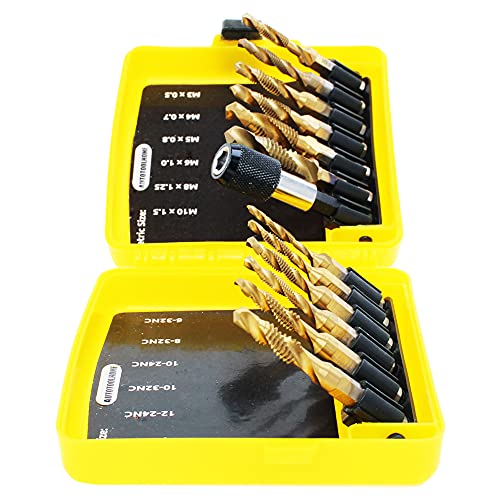 AUTOTOOLHOME Titanium Combination Drill Tap Bit Set 13PCS SAE and Metric Tap Bits Kit for Screw Thread Drilling Tapping Deburring Countersinking