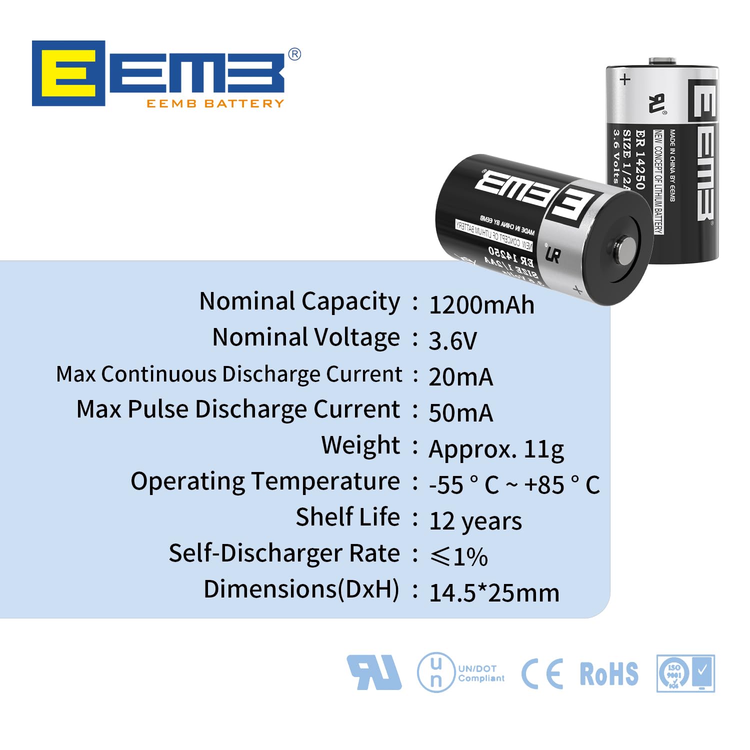 EEMB 4Pack ER14250 1/2AA 3.6V Lithium Battery Li-SOCL₂ Non-Rechargeable Battery XL-050F SB-AA02 LS14250 TL-5902 TL-2150 for Dog Collar Meter Sensor Movement Monitor/Home Security System/Alarm System