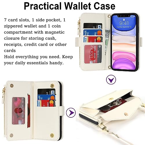 DEYHU for iPhone 11 Phone case Wallet with Zipper Card Holders for Women,iPhone 11 Phone Cases Slots Crossbody Flip Folio Book Cover with Credit Card Holder Men for iPhone11 case - White