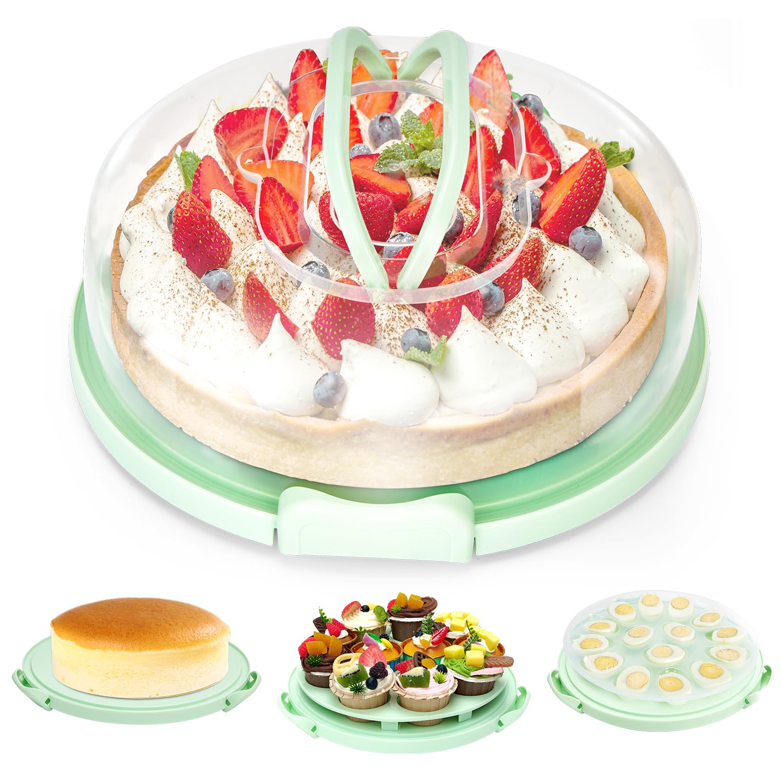 Ohuhu Cheesecake Container, Cake Pie Carrier BPA-Free up to 10'' Cake - Cupcake Containers with Lid and 2 Handles 4-in-1 Multipurpose Cake Keeper Holder Platter for Pie Devil Eggs Mothers Day Gifts