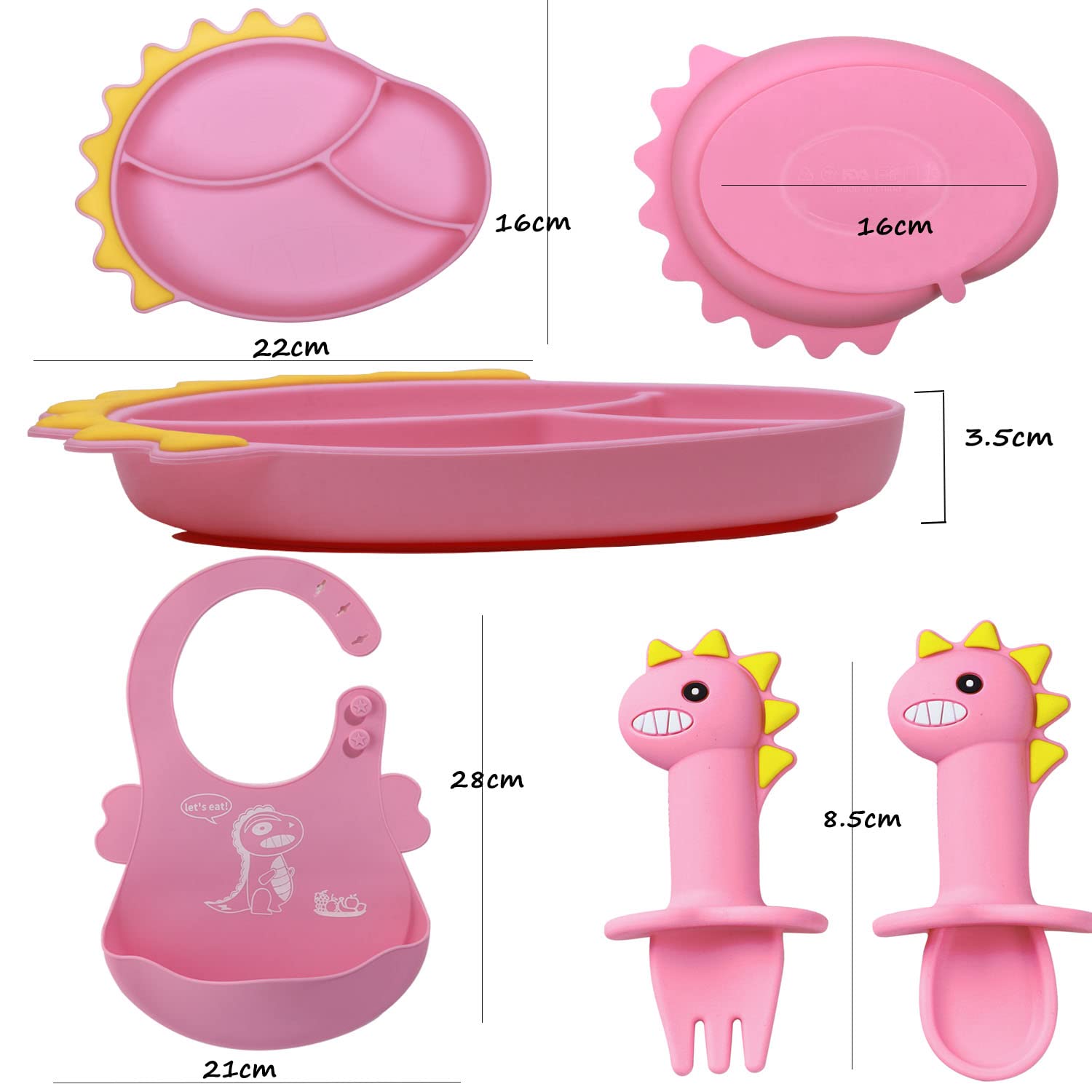 KAVONOI Baby Feeding Set,Silicone Suction Plate Dinosaur Shape SelfFeeding Adjustable Bib, Suction Plate for Baby Toddler with Spoon Fork Adjustable Bib Set -Pink Dinosaurs