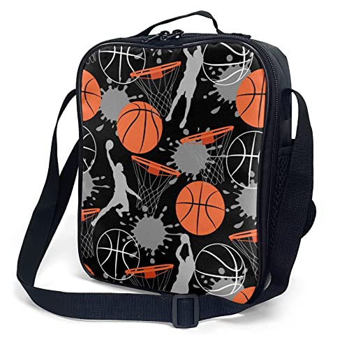 CEZEHAJI Kids Lunch Box, Insulated Lunch Bag for Girls&Boys, Basketball Lunch Bag with Shoulder Strap, School Bento Lunch Box for Kids Toddlers Teens, Black Reusable Cooler Thermal Meal Tote Kit