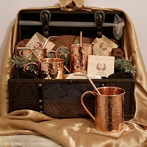 Gift Set Pure Copper Hammered Mugs with Copper Straws & Wooden Coasters Set of 4 - PREMIUM QUALITY -16 Oz Copper Mug - 100% Handcrafted - A Gift Pack for your loved Ones.