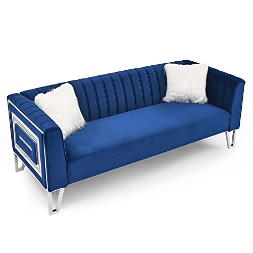 CALABASH 3-Seater Sofa with Mirrored Side Trim with Faux Diamonds and Metal Legs, Channel Tufted Velvet Couch with 2 Pillows (Blue, 3 Seater Sofa)