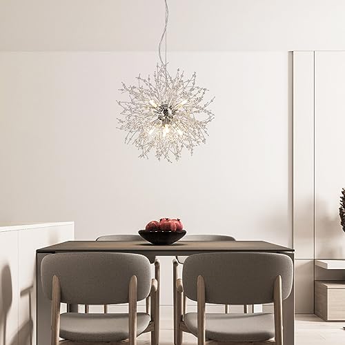 Camastar Modern Small Chandelier, 8 Lights Chrome Firework Chandelier, Dandelion Crystal Chandeliers for Entryway, Sputnik Pendant Light Fixture for Dining Room