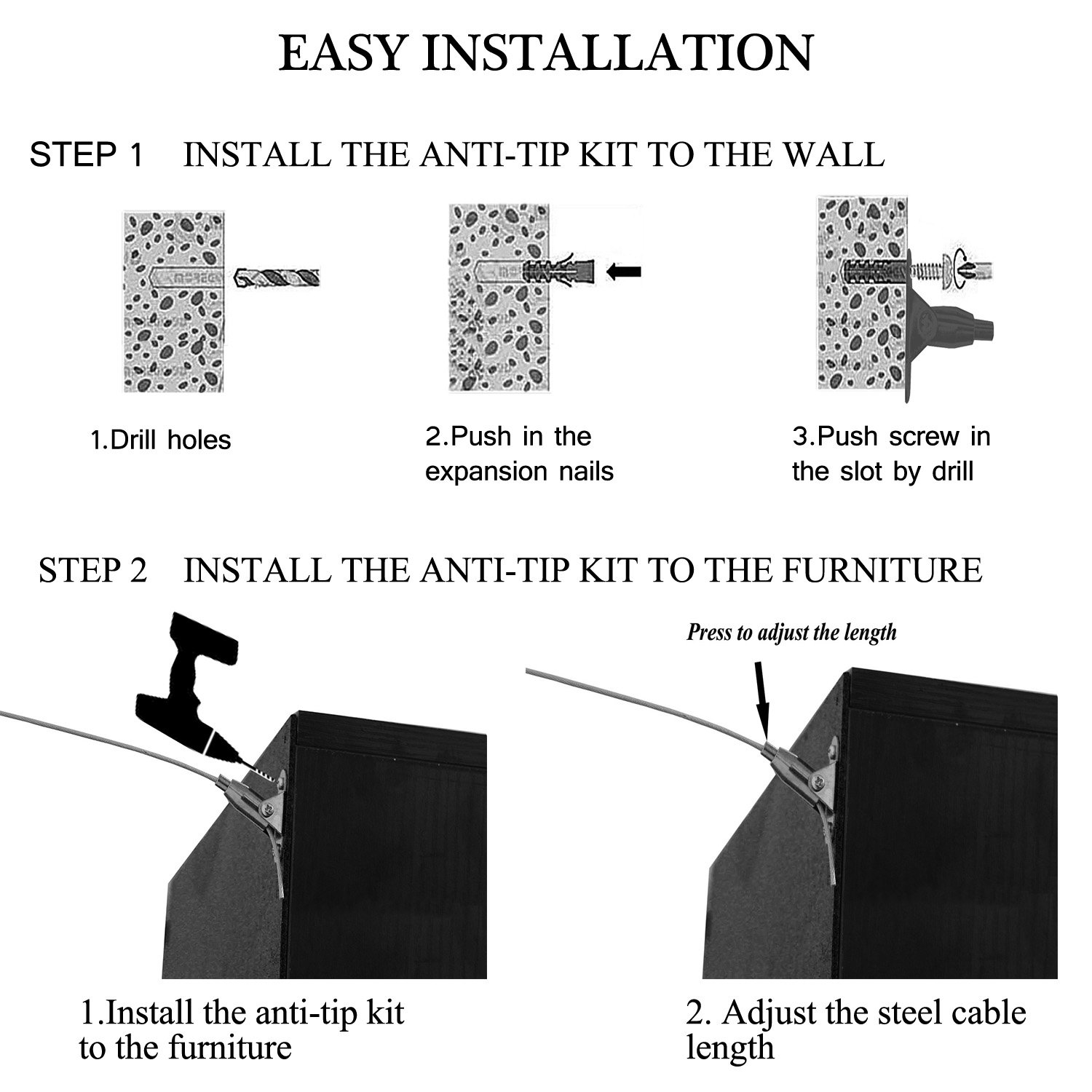 Furniture Anti-Tip Straps - Steel Cables Furniture Anchor Kit for Baby Safety (Mounting Hardware Included) Pack of 2