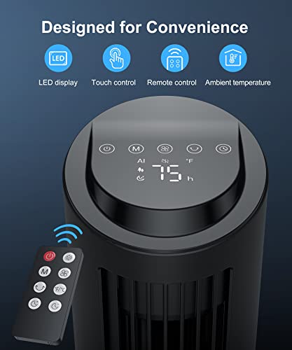 Cofeow Tower Fan for Bedroom, 20ft/s Quiet Cooling Fan, 70° Oscillating Floor Fan with Remote,Led Display,3 Speed Options,4 Modes,12Timer,13“ Bladeless Portable Table Fan for Bedroom Office Home Desk Black