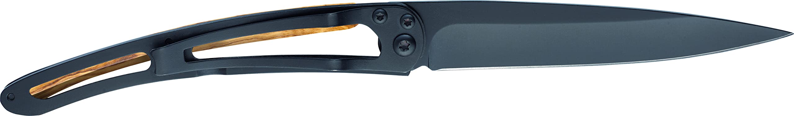 deejo Ultra Lightweight Folding Pocket Knife with Belt Clip - Olive Wood Version 1.3 oz - Fine, Sharp Blade - Black Titanium Coating Stainless Steel - Elegant and Modern Design