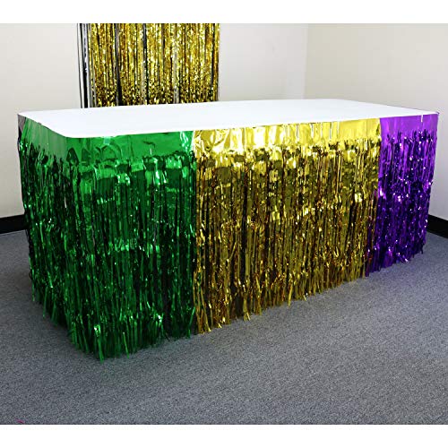 GIFTEXPRESS 2 Pack Mardi Gras Metallic Fringe Table Skirts, Mardi Gras Party Table Skirt (Gold Green Purple, 2-pack)