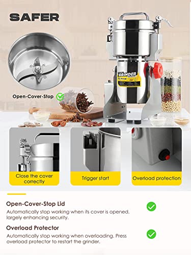 CGOLDENWALL 700g Electric Grain Grinder Mill Safety Upgraded 2400W High-speed Spice Herb Grinder Commercial Superfine Grinding Machine Dry Cereals Pulverizer CE 110V (700g Swing Type)