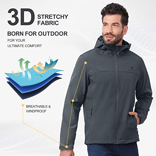 CAMEL CROWN Softshell Jacket Men Hooded Fleece Lined Outdoor Jackets Windproof Water Resistant for Hiking Casual Work Grey M