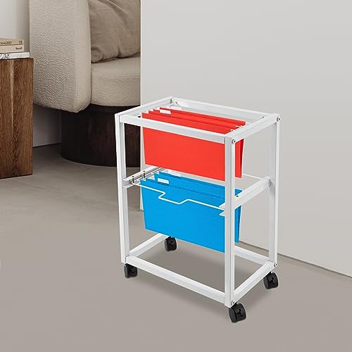 CNCEST 2 Tiers Metal Rolling File Carts, Hanging Files Movable Pull-Out File Cart, With Wheels Metal Carts, For Home Office-White