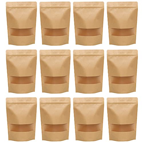 Cabilock 50Pcs Kraft Paper Stand Up Bags Reusable Valve BagWindow Food Tea Sealing Bags