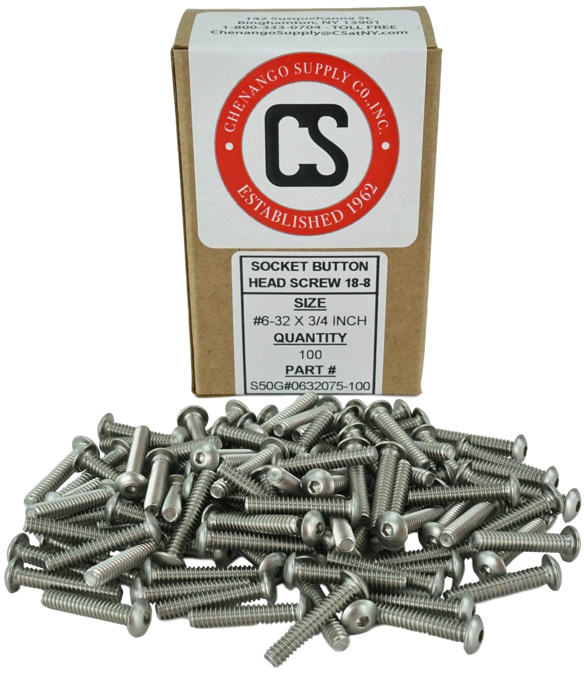 Stainless #6-32 x 3/4" (3/8" to 2" Available) Socket Button Head Cap Screws, Full Thread, Hex Drive, Stainless Steel 18-8, Machine Thread (6-32 x 3/4")