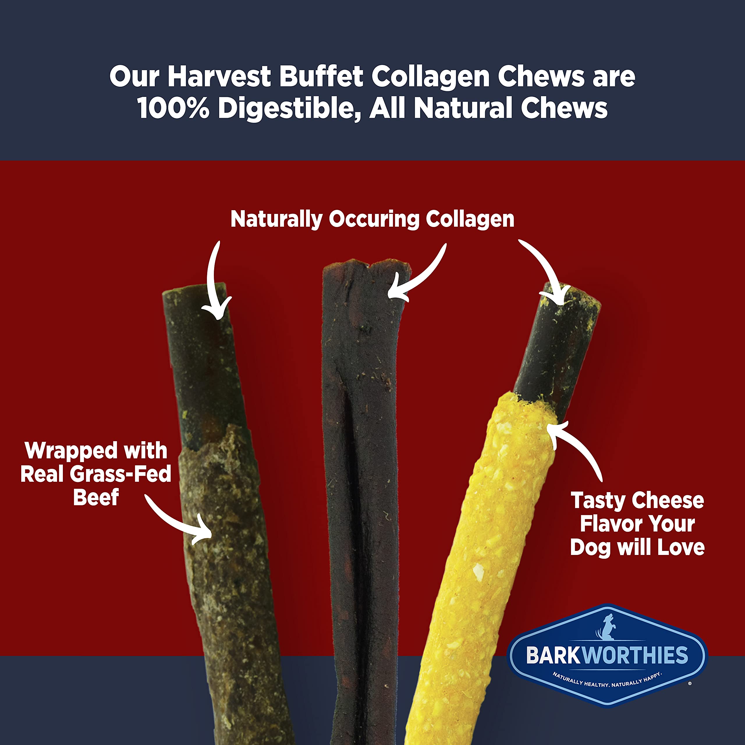 Barkworthies Harvest Buffet Collagen Sticks (6-Inch, 3-Count) - Great Tasting, Easily Digestible, Variety Pack, Dog Chew