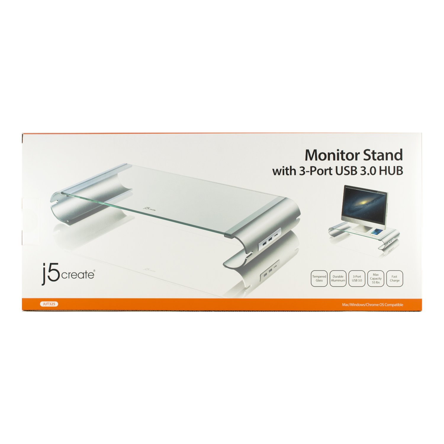 j5create Monitor Stand with 3-port USB 3.0 HUB JUT325 | Aluminium Legs and Clear Tempered Glass Monitor Riser | Compatible with iMac/Windows/Chrome/Linux Laptop, Macbook