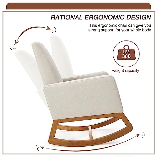 YOLENY Rocking Chair with Footstool, Upholstered Nursery Glider Rocker, Modern Accent Rocking Lounge Chair, Comfy High Back, Linen Armchair,Beige