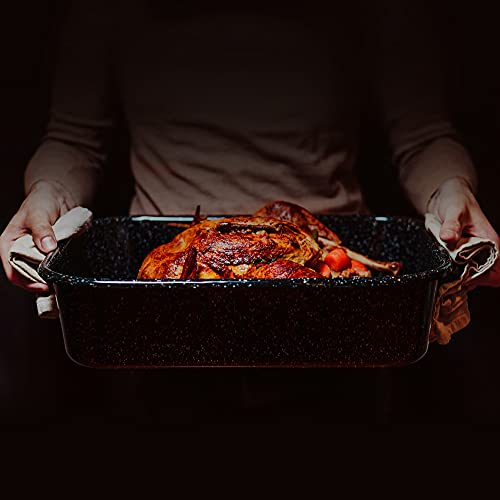 Granite Ware 25 lb. Enamelware Oven Rectangular Roaster with lid. Capacity 19.5 in (Speckled Black). Dishwasher Safe. Easy to Clean.