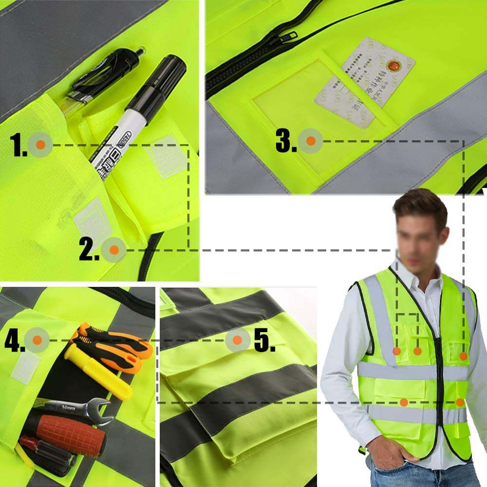 YOWESHOP High Visibility Safety Vest Custom Your Logo Protective Workwear 5 Pockets With Reflective Strips Outdoor Work Vest (Neon Yellow (L))
