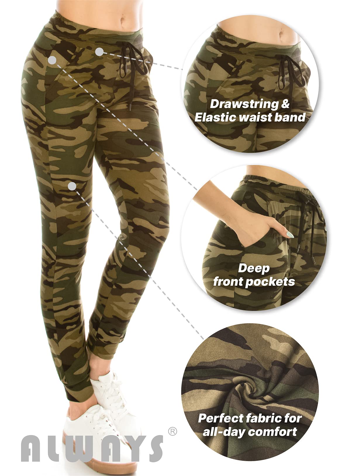 ALWAYS Women Drawstrings Jogger Sweatpants - Super Light Skinny Fit Premium Soft Stretch Camo Military Army Pockets Pants M