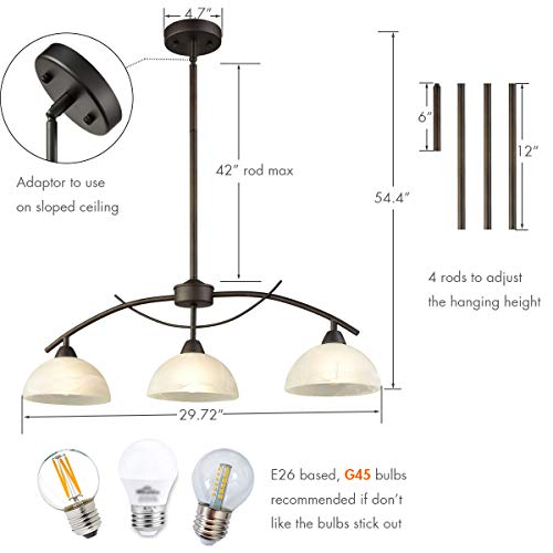 DAYCENT Vintage Frosted Glass Alabaster Shades Pendant Lighting for Kitchen Island 3-Light Rod-Hung Ceiling Hanging Light, Golden Bronze