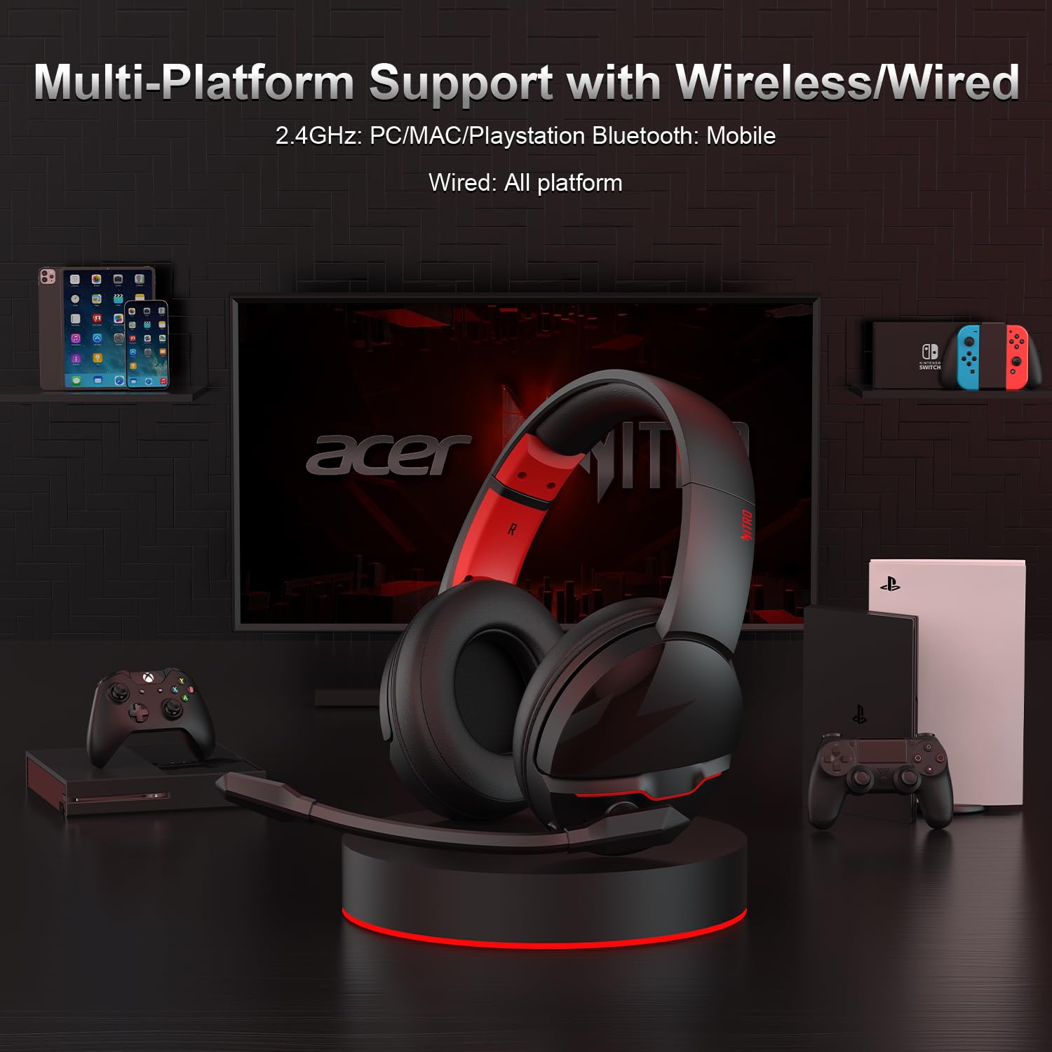 acer K2 Dual Wireless Gaming Headset,with Noise Canceling Microphone,2.4GHz Wireless + Bluetooth -100-Hr Battery Life,for PS5,PS4,Mac,Switch,PC,Mobile,Tablet,Laptop Computer