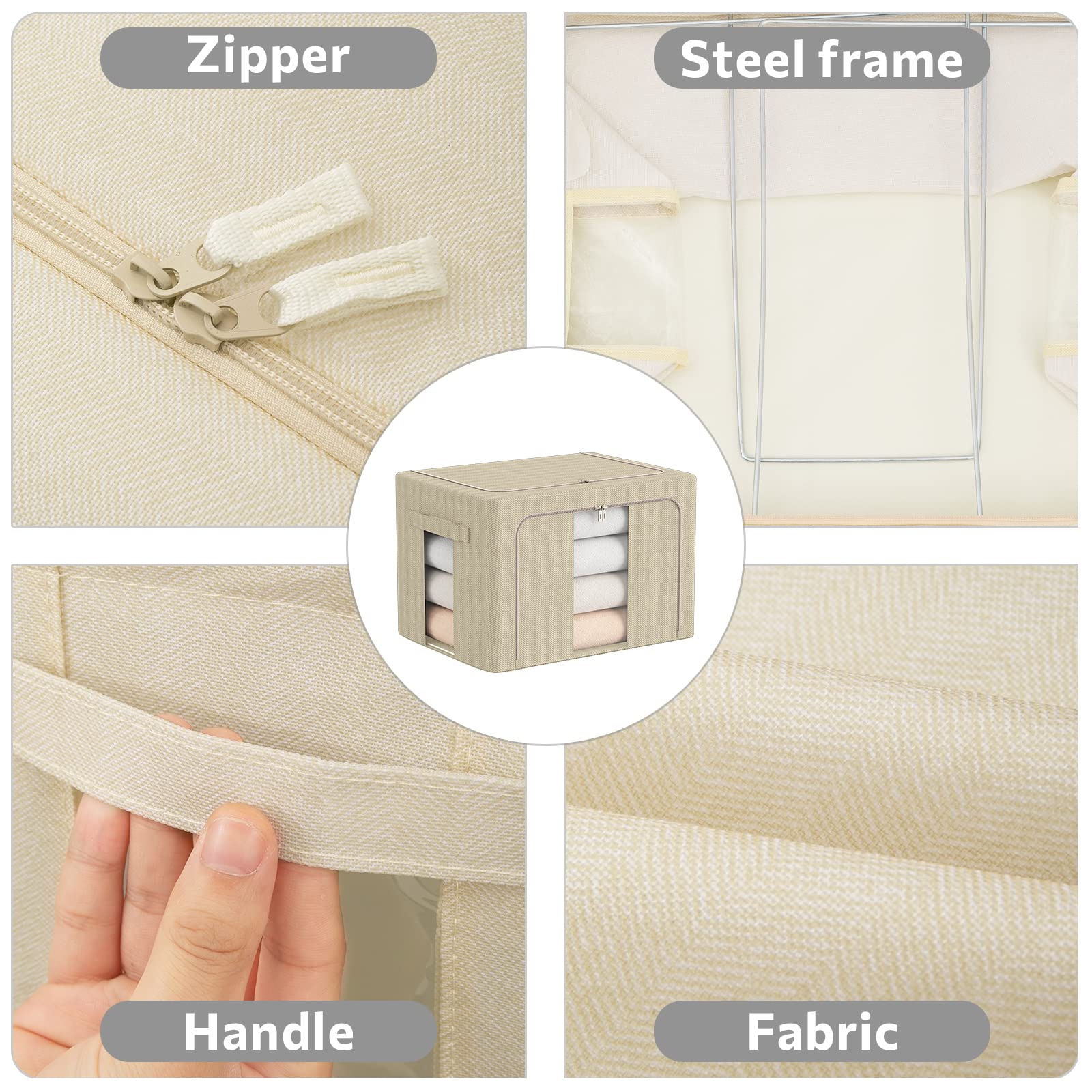 FHSQX Clothes Storage Organizer Bins- Stackable Storage Containers for Closet Foldable Storage Bins for Clothes with Clear Window & Carry Handles (Large-66L(19.7x15.7x12.6inch), Beige)