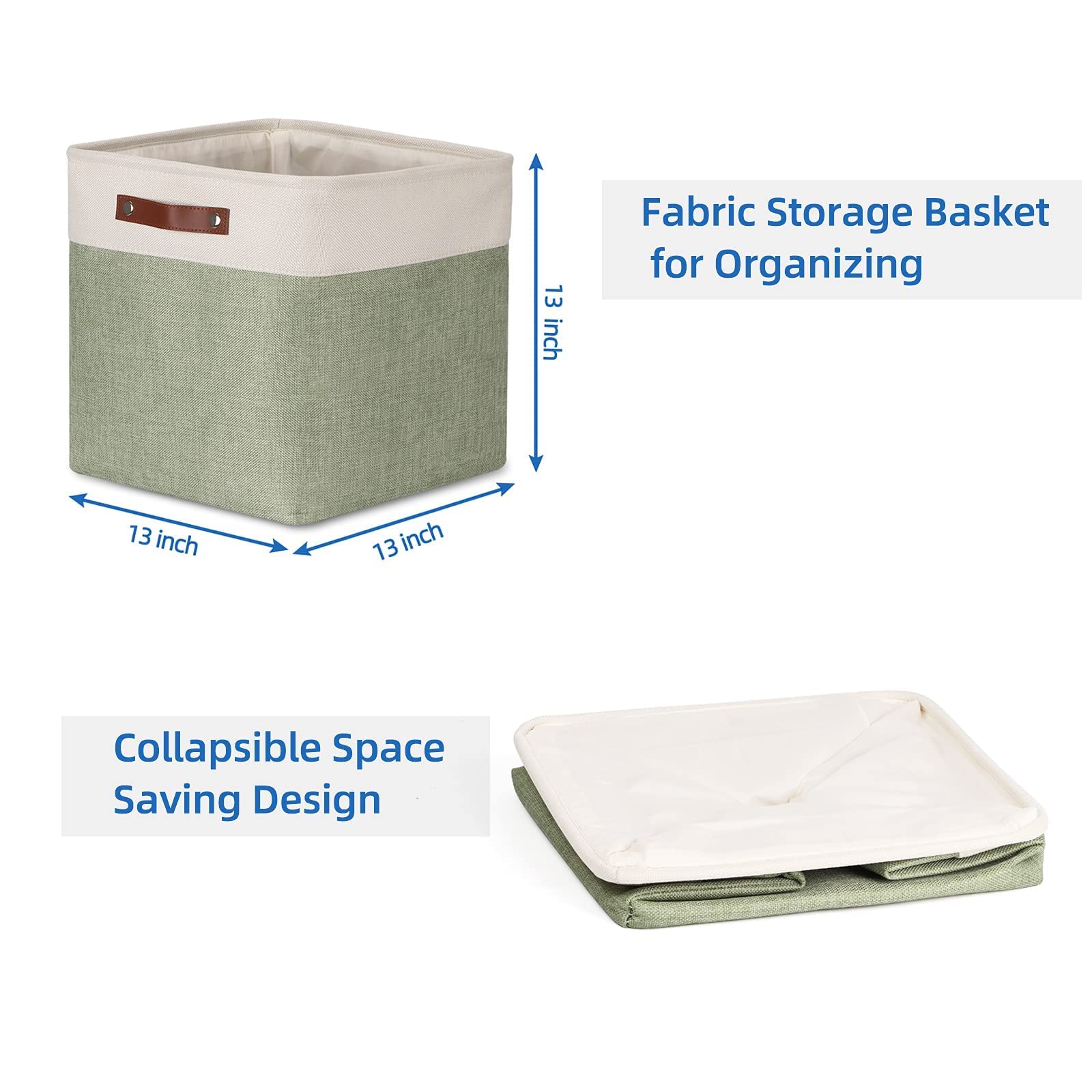 Temary Cube Storage Baskets for Shelves 10pack Fabric Storage Basket for Organizing Toys, Clothes, Storage Cubes with Leather Handles, Closet Baskets Nursery Home (White&Green)