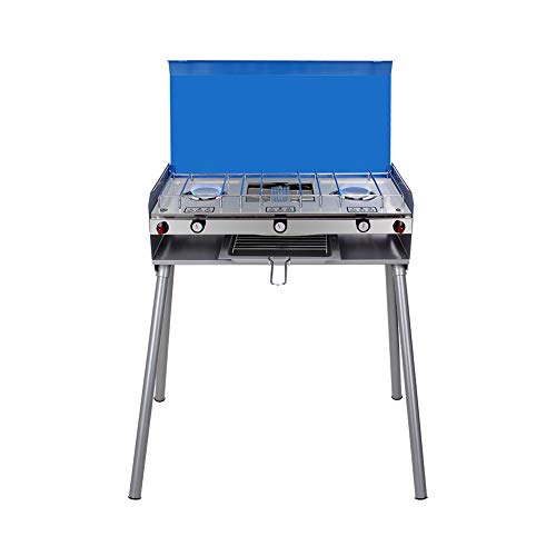 Camplux Propane Camping Stove 2 Burners & 1 Grill, Portable Outdoor Gas Stove, Auto-Ignition Camping Stove with Regulator, Total Power at 15,000 BTU