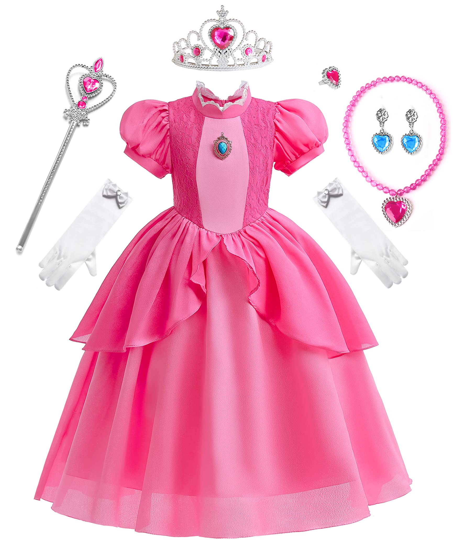 Akokvlar Princess Peach Costume for Girls Deluxe Halloween Dress Up Outfit with Accessories (Pink, 5-6 Years)