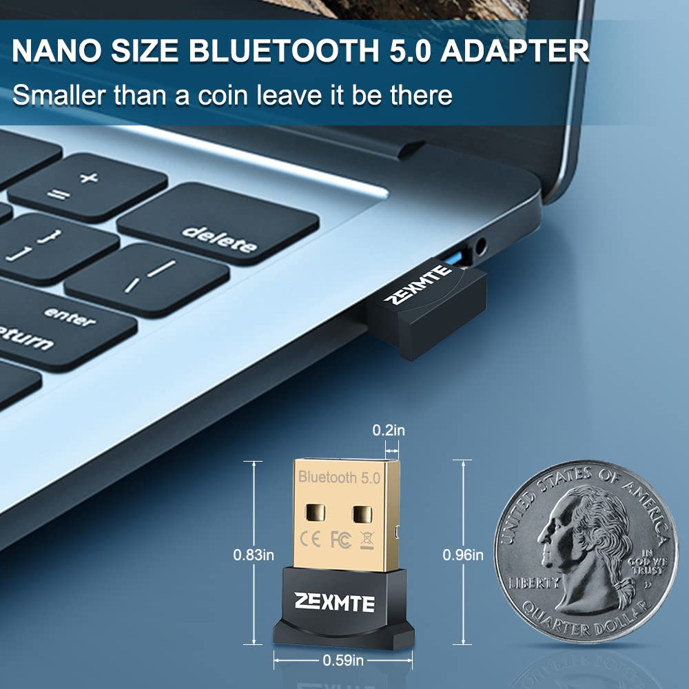 ZEXMTE USB Bluetooth Adapter for PC, 5.0 Bluetooth Dongle Receiver,Bluetooth Adapter for PC Windows 11/10/8/7 for Desktop, Laptop, Mouse, Keyboard, Printers, Headsets, Speakers