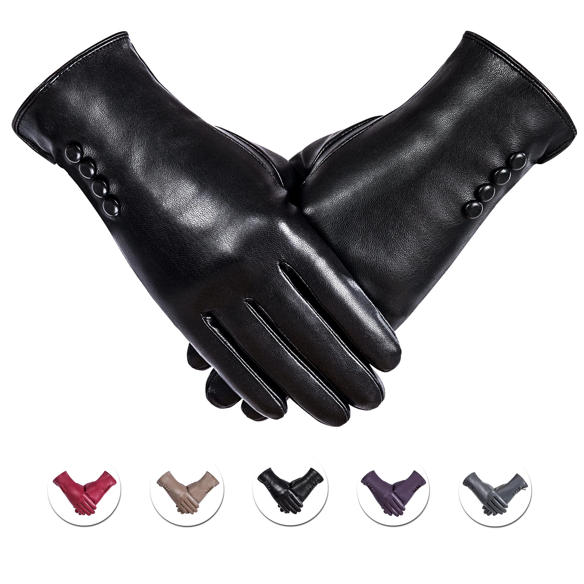 Alepo Winter PU Leather Gloves For Women, Warm Thermal Touchscreen Texting Typing Dress Driving Motorcycle Gloves With Wool Lining (Black-L)