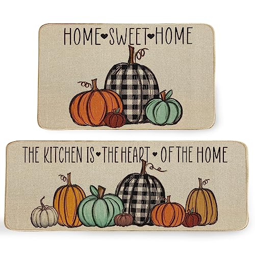 GEEORY Fall Kitchen Mats, Set of 2 Pumpkins Buffalo Plaid Check Floor Mat Farmhouse Party Seasonal Holiday Decorations 17x29 and 17x47 Inch (Black and White) GK067