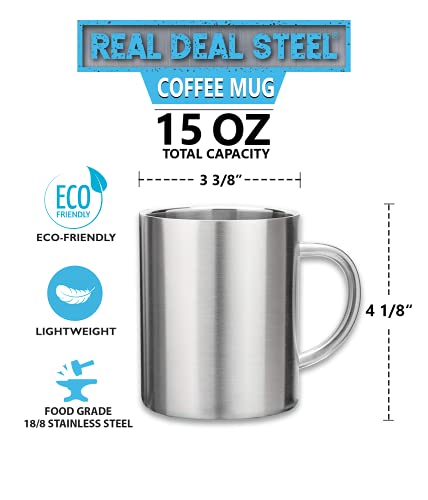 Stainless Steel Double Walled Mugs: 100% BPA Free,15 oz Metal Coffee & Tea Cup Mug - Insulated Cups with Handles Keep Drinks Hot or Cold Longer - Durable for Camping - Set of 2 Shatter Proof Mugs