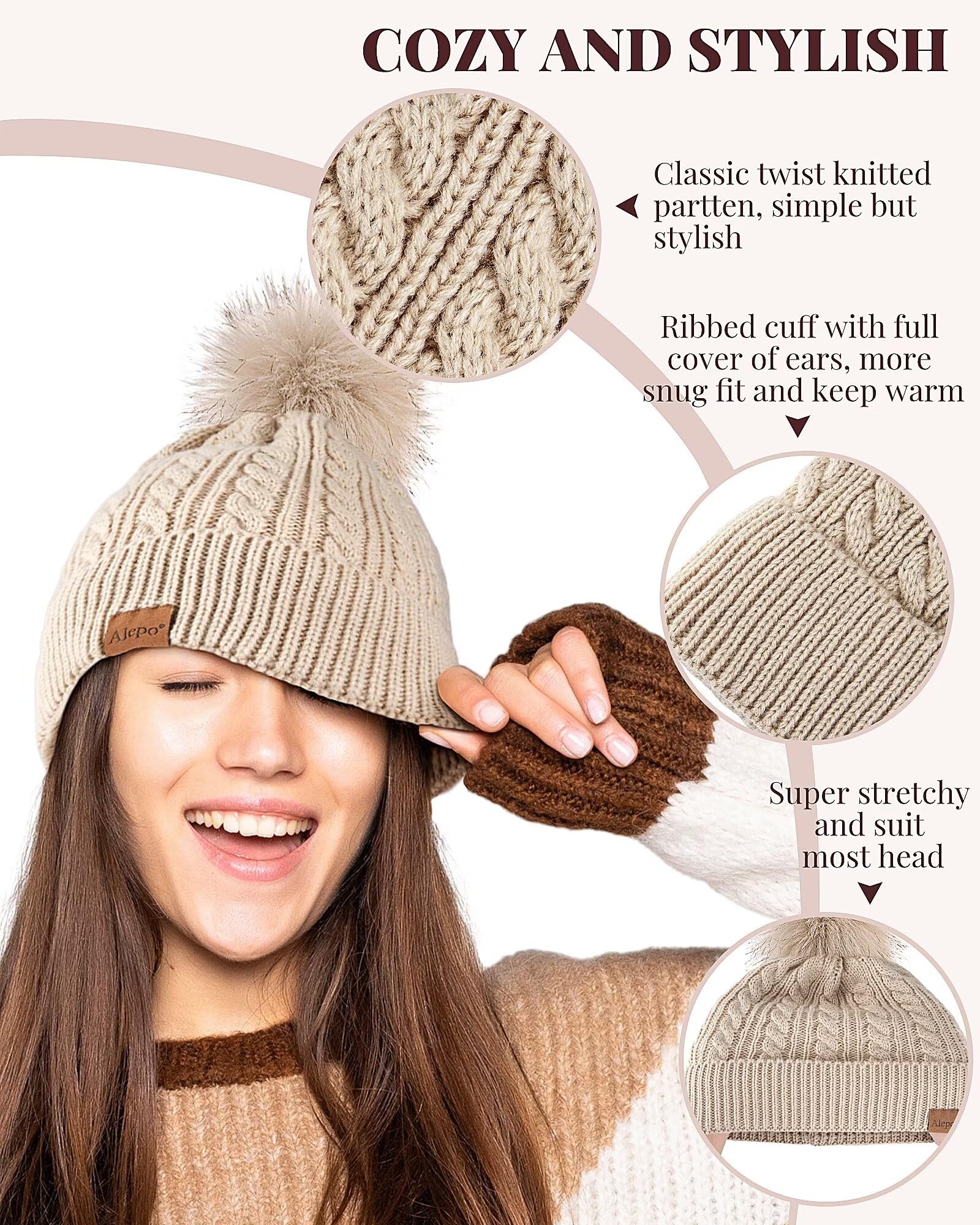 Alepo Womens Winter Beanie Hat, Warm Fleece Lined Knitted Soft Ski Cuff Cap with Pom Pom(Beige)