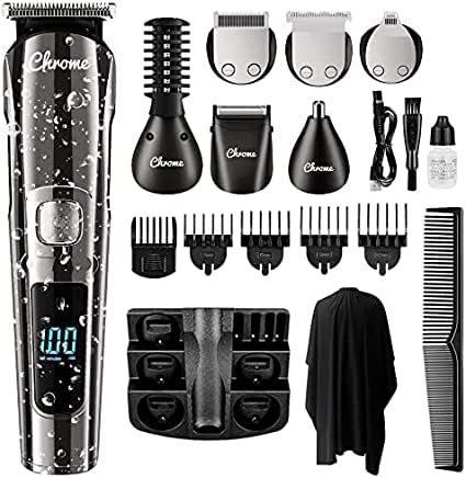 Chrome Hair Clippers & Beard Trimmer for Men, Waterproof Body All in 1 Multi-Grooming Kit, Cordless Hair Trimmer, Mustache, Nose & Ear Shaver, USB Rechargeable & LED Display