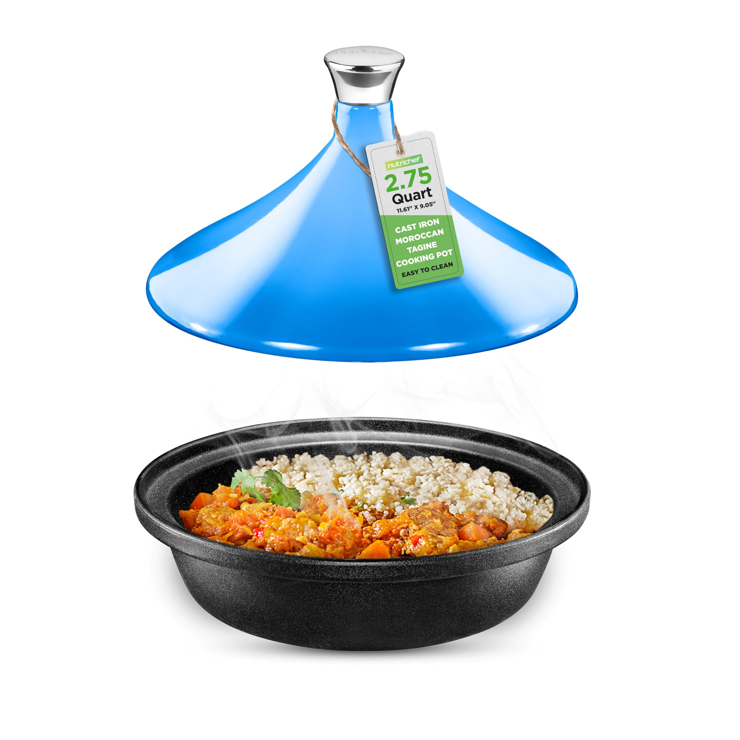 NutriChef Cast Iron Moroccan Tagine - 11.6 Inch Tajine Cooking Pot with Stainless Steel Knob, Enameled Base, Cone-Shaped Enameled Lid - Oven and Dishwasher safe - 2.75 Quart, Blue