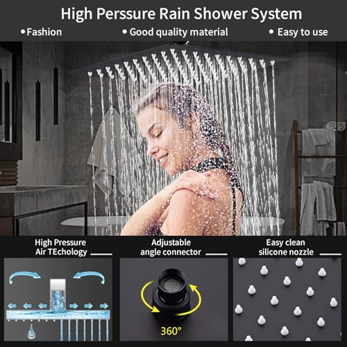 Arsuonta 8 Inch Square Black Shower Faucet Set with Tub Spout, Shower Combo System with 3-settings Touch Adjustment Handheld Showerhead High Pressure Balance Shower Valve Kit for Bathroom